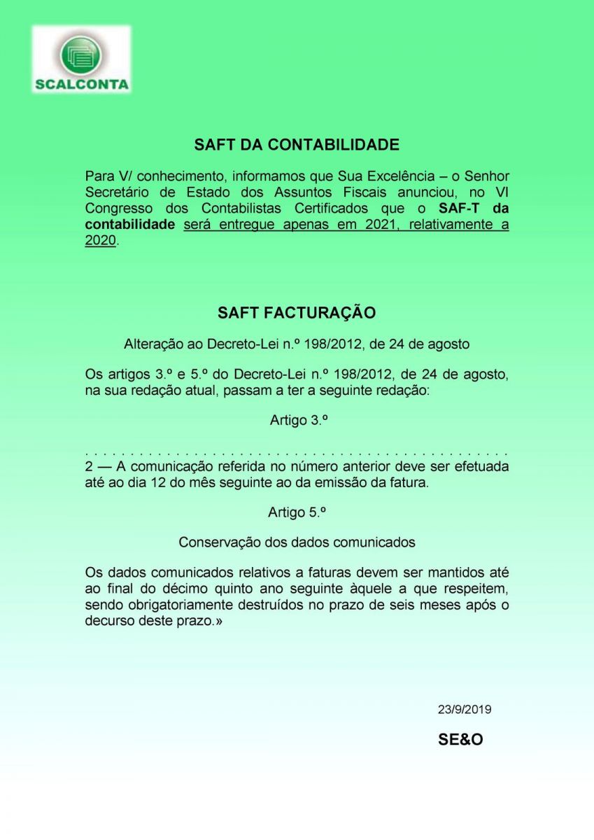 SAFT DA CONTABILIDADE E SAFT FATURAÇÃO - Santarém